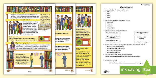 LKS2 World Book Day Reading Comprehension Activity