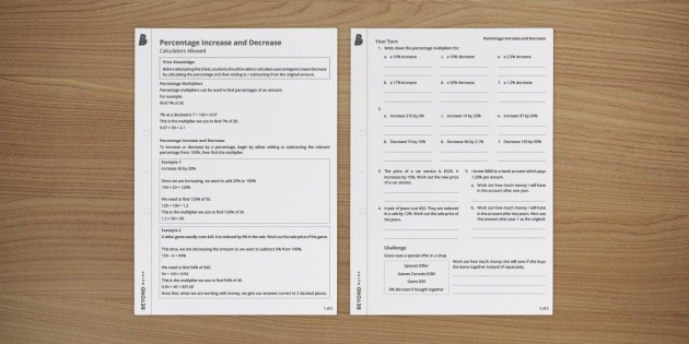 Percentage Increase and Decrease Walkthrough Worksheet