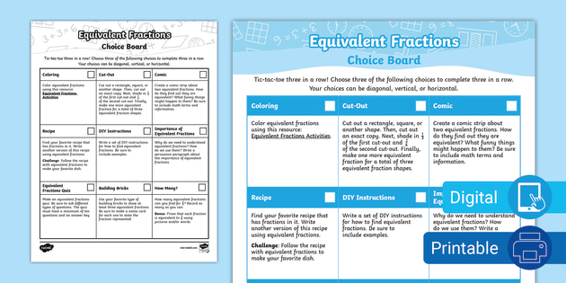 Equivalent Fractions Math Choice Board