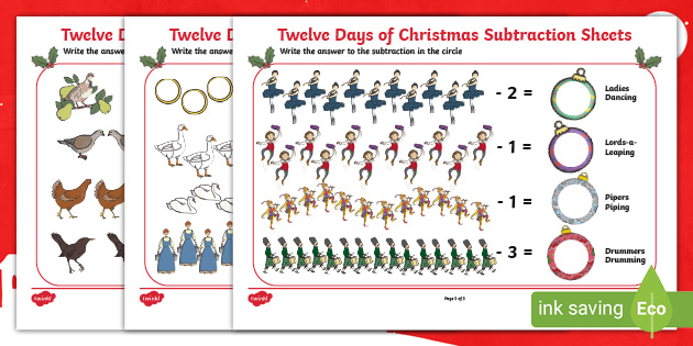 Christmas Subtraction Worksheet | Twelve Days of Christmas