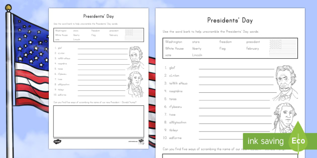 Presidents' Day Word Unscramble - American Presidents, American History