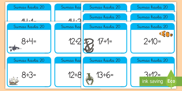 Tarjetas educativas: Sumas hasta 20 - Bajo el mar