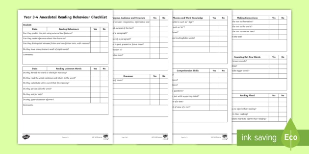 Years 3-4 Anecdotal Reading Behaviours Checklist - Guided