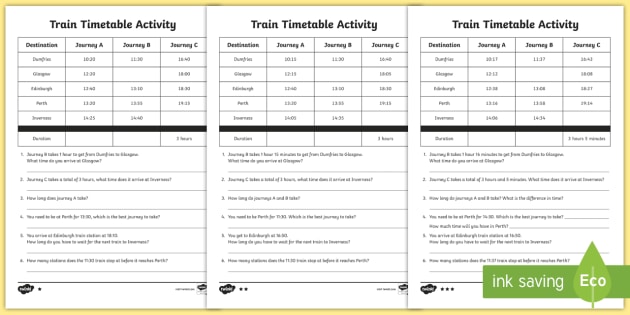 Scotland Train Timetable Differentiated Worksheets