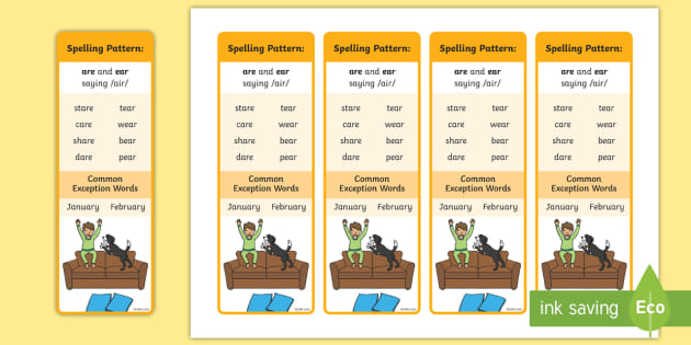 'ear' and 'are' saying /air/ Spelling Bookmarks