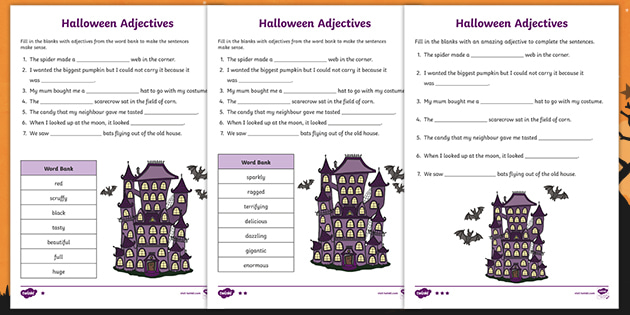 Halloween Adjective Complete the Sentences Differentiated Worksheets