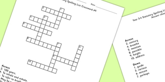 Year 3-4 Statutory Spelling List Crossword 9 (teacher made)