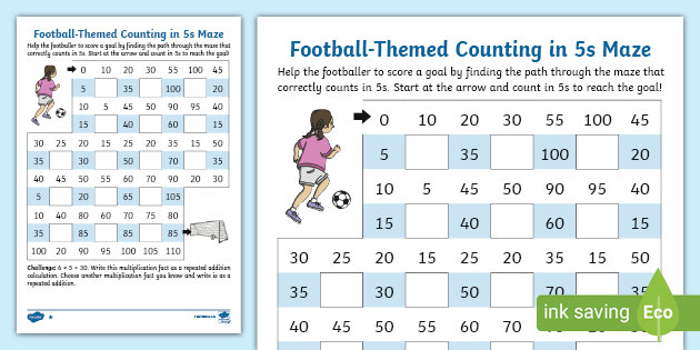 KS1 Football Themed Counting in 5s Maze Differentiated Worksheets