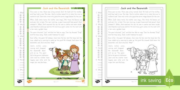 Second Grade Jack and the Beanstalk Reading Comprehension Activity