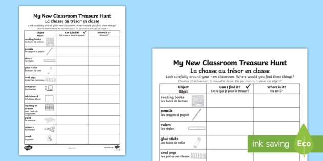 My New Classroom Treasure Hunt Worksheet / Worksheet - French - My New