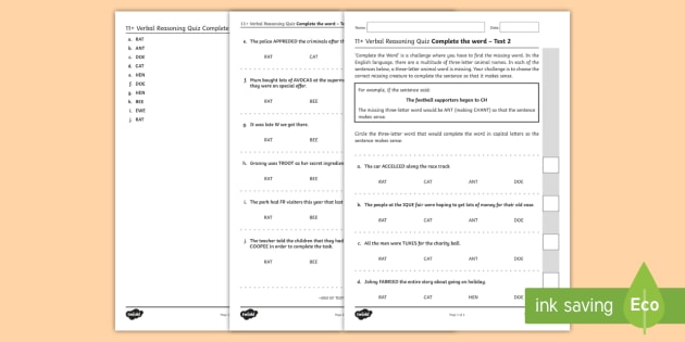 11 + verbal reasoning practice paper: Three Letter Words 2 Assessment Pack