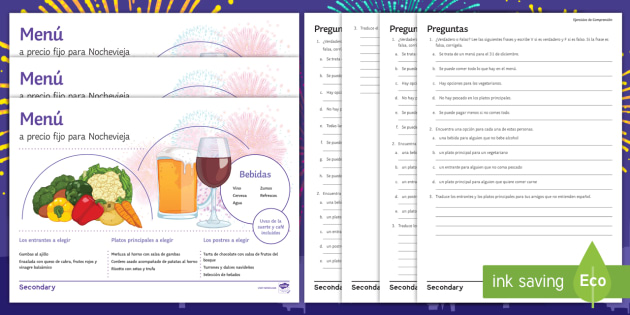 New Year's Eve Menu Differentiated Reading Comprehension Activity Spanish