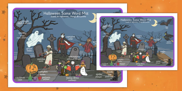 Halloween Scene Word Mat Romanian Translation Teacher Made