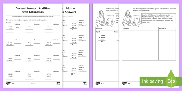 Decimal Number Addition with Estimation Differentiated Worksheet ...