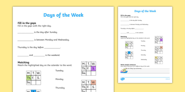 Days of the Week Worksheet | Primary Resources - Twinkl