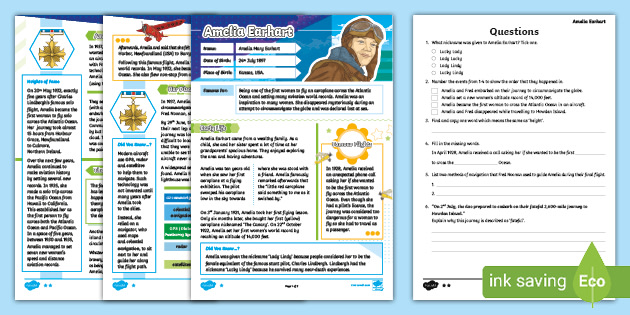 UKS2 Amelia Earhart Differentiated Reading Comprehension