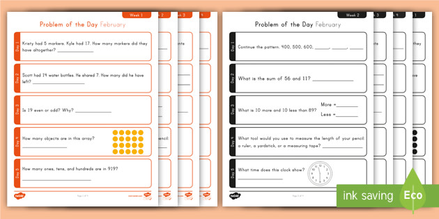 Second Grade Math Problem of the Day - February Activity