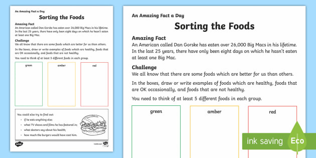 Sorting the Foods Worksheet / Worksheet (teacher made)