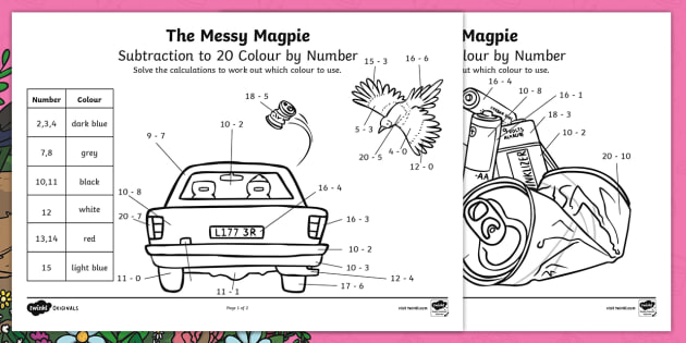 The Messy Magpie Subtraction to 20 Colour by Number