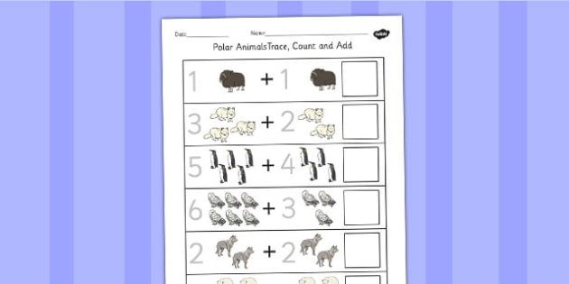 Polar Animals Trace Count and Add Worksheet (teacher made)