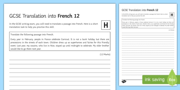 GCSE French: Translation into French - 12 Higher Tier Worksheet