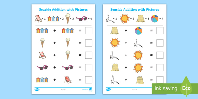 Seaside Themed Addition with Pictures Worksheet / Worksheet Pack