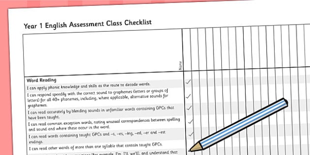 2014 National Curriculum Year 1 English Assessment Class Checklist - KS1