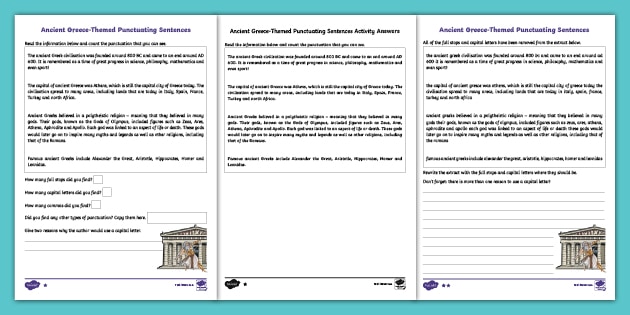 KS2 Ancient Greece-Themed Punctuating Sentences Differentiated Worksheet