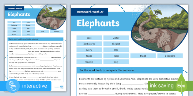 Cloze Procedure Homework Week 29 Elephants 3rd/4th Class