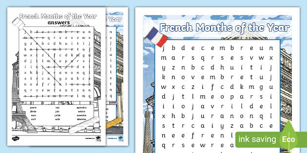 French Months of the Year Word Search