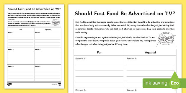 Should Fast Food be Advertised on TV? For and Against Activity