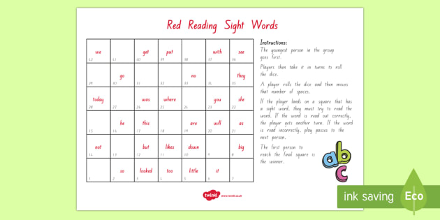 Red Reading Sight Words Board Game - Literacy, Colour Wheel, Reading, Red