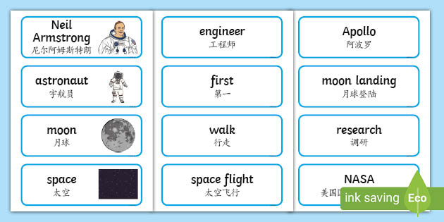 Neil Armstrong Word Cards - English/Mandarin Chinese