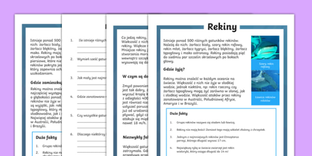 Sharks Differentiated Reading Comprehension Activity Polish