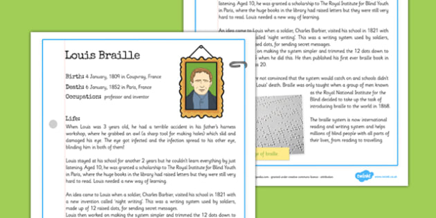 Louis Braille Significant Individual Fact Sheet - information