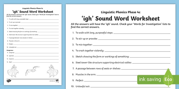 Linguistic Phonics Phase 4c 'igh' Sound Word Worksheet