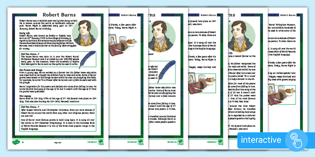 Interactive PDF: Robert Burns Differentiated Reading Comprehension Activity