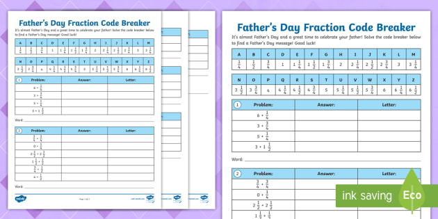 Father's Day Fractions Code Breaker Activity