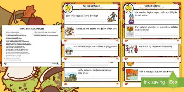 KS1 Autumn Fix the Sentence Activity Mat Pack (teacher made)