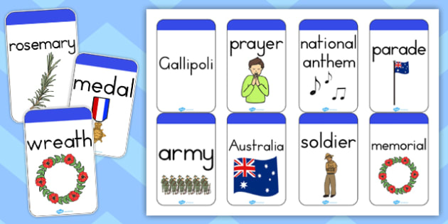 Anzac Day Flashcards - flash cards, word cards, remember, anzac