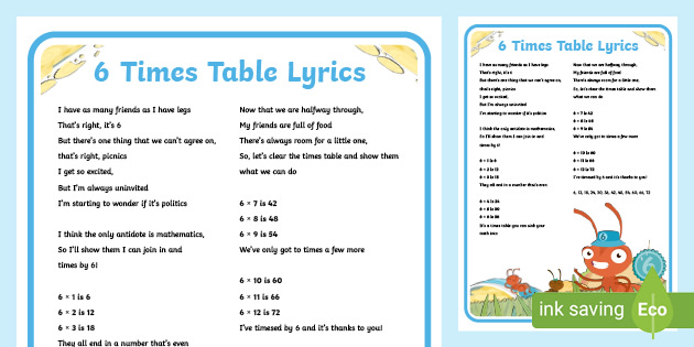 👉 6 Times Tables Song Lyrics Poster | Twinkl Go!
