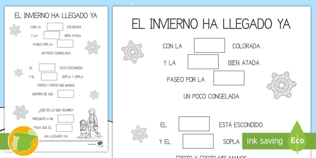 Canción de invierno infantil, ficha para escribir y leer