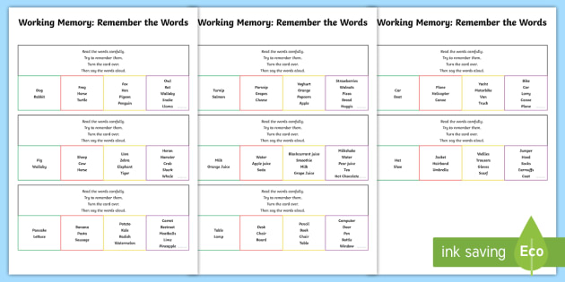 CfE Working Memory Remember the Words Cards (teacher made)