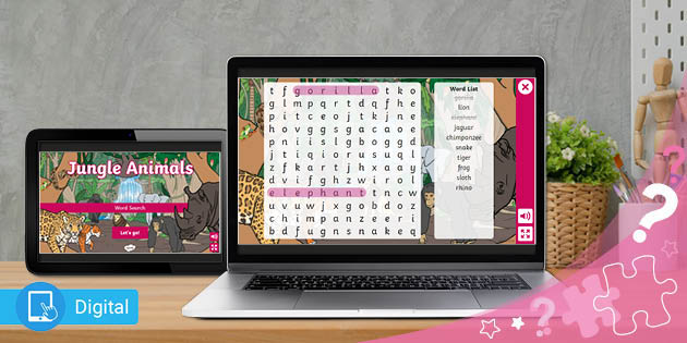 Jungle Animals Word Search Interactive Puzzle Game - Twinkl