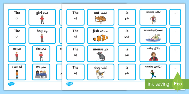 Sentence Builder Cards with Verbs Arabic/English - Sentence