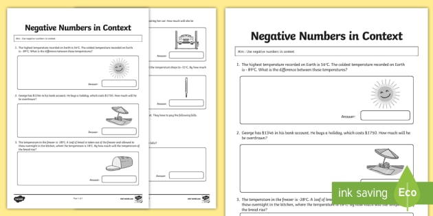 Negative Numbers In Context Worksheet teacher Made 