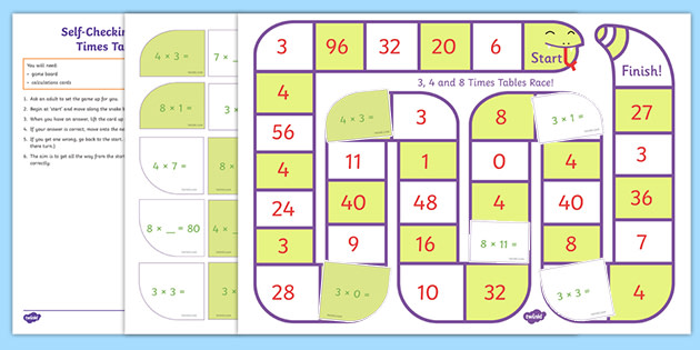 Self Checking 3 4 And 8 Times Tables Board Game Times Tables