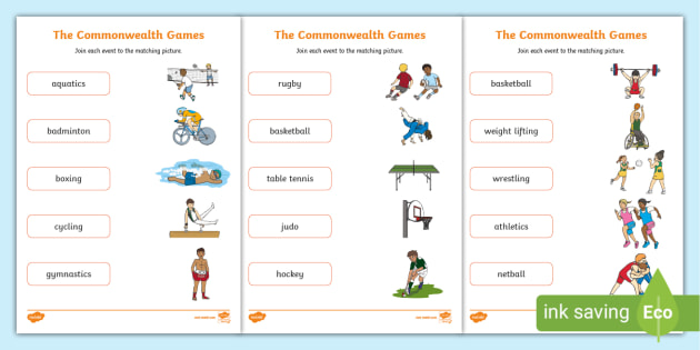 The Commonwealth Games Sport Event and Picture Matching Worksheet