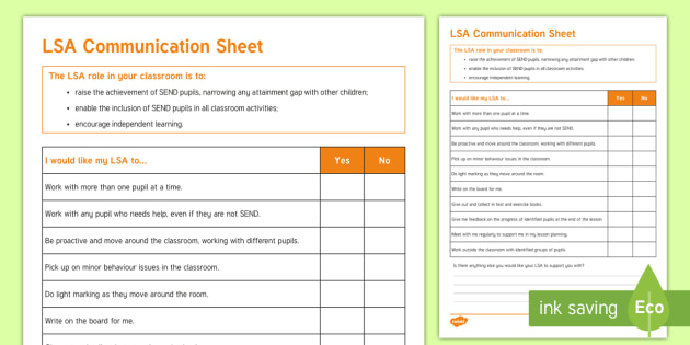 LSA Communication Sheet Adult Guidance (teacher made)