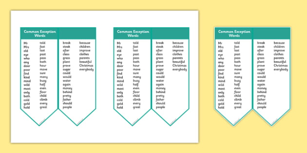 Editable Common Exception Words Year 2 Bookmark